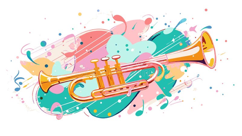 Vibrant Trumpet with Colorful Splashes and Musical Notes Illustration ...