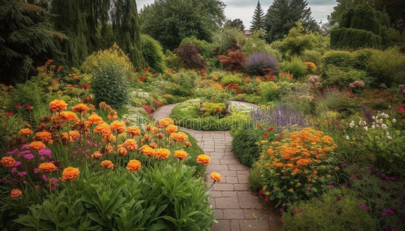 Vibrant Tulip Blossoms Decorate Formal Garden Path Generated by AI ...