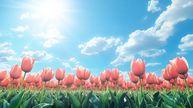 A Vibrant Tulip Field Stretching Endlessly Under a Bright Blue Sky ...