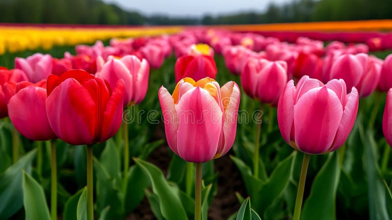 Vibrant Tulip Fields in Full Bloom Stock Illustration - Illustration of ...