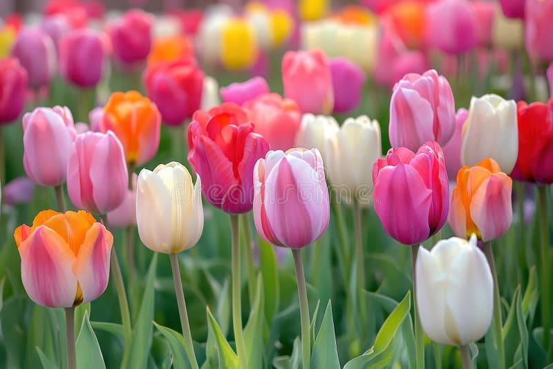 Vibrant Tulip Garden in Full Bloom during Springtime Showcasing Diverse ...