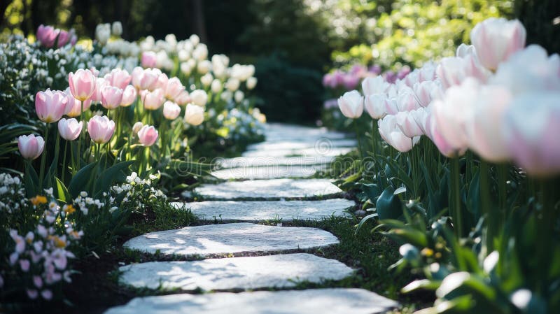 Vibrant Tulip Pathway through a Lush Spring Garden Stock Photo - Image ...