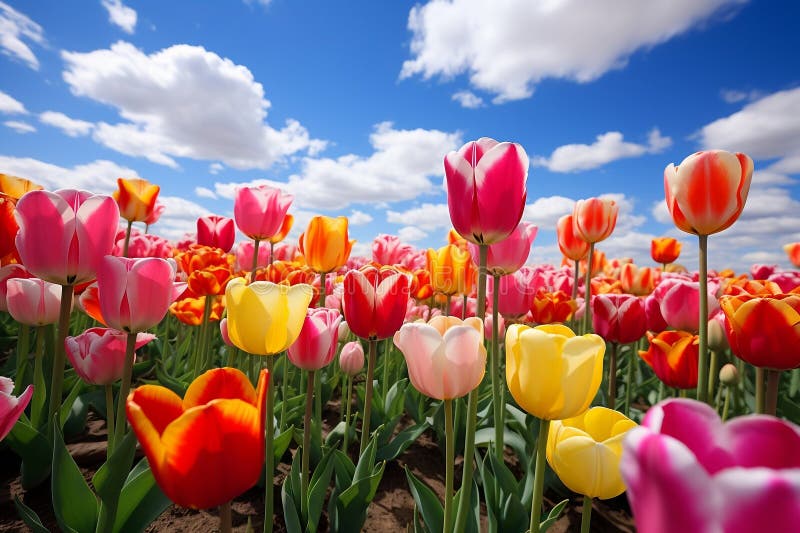Vibrant Tulip Rows: a Burst of Color. AI Stock Illustration ...