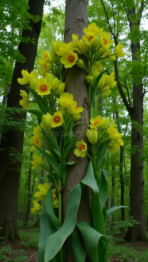 Vibrant Tulip Tree with Yellow Green Flowers Against Forest Backdrop ...