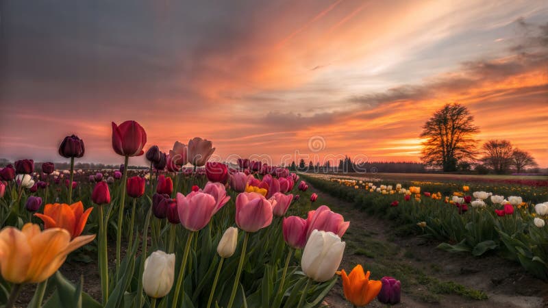 Vibrant Tulips Bloom in a Field at Sunset Stock Image - Image of ...