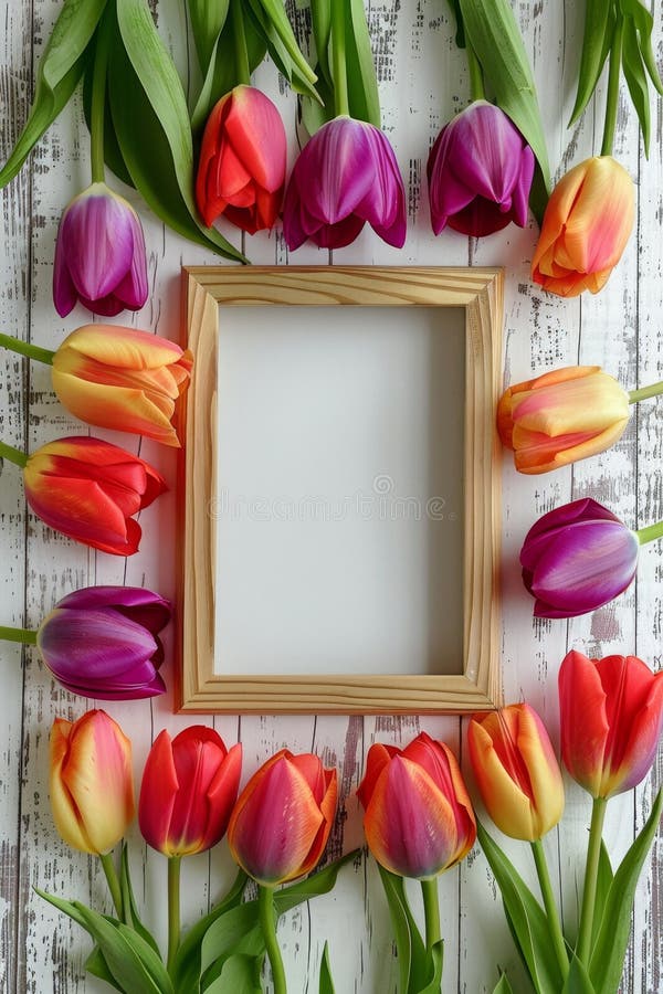 Vibrant Tulips Encircle a Blank Frame on a White Wooden Backdrop ...