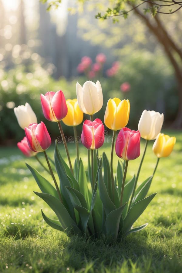 Vibrant Tulips in a Spring Garden Illuminated by Soft Sunlight Rays ...