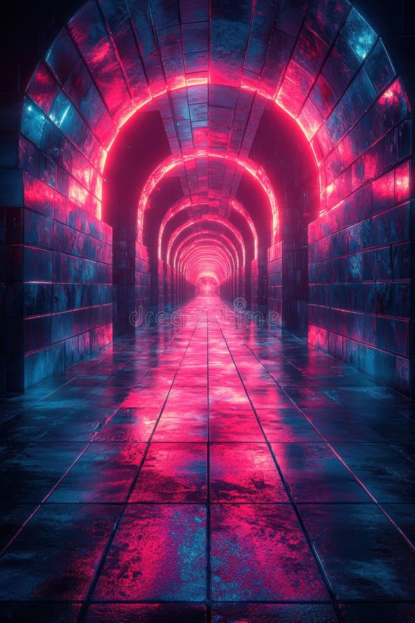 Vibrant Tunnel with Glowing Arches, Reflecting Colorful Lights and ...