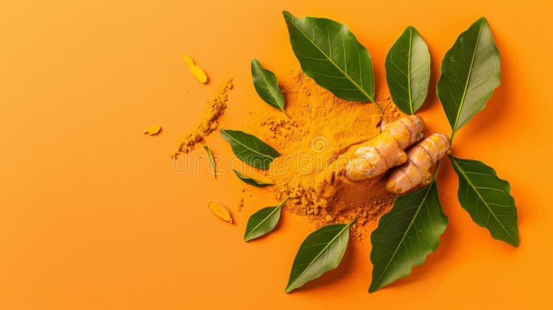 Vibrant Turmeric Powder and Fresh Roots on Orange Background Stock ...