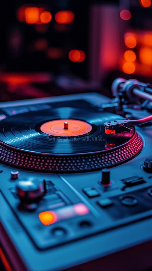 Vibrant Turntable Setup with Record Spinning in Low Light Environment ...