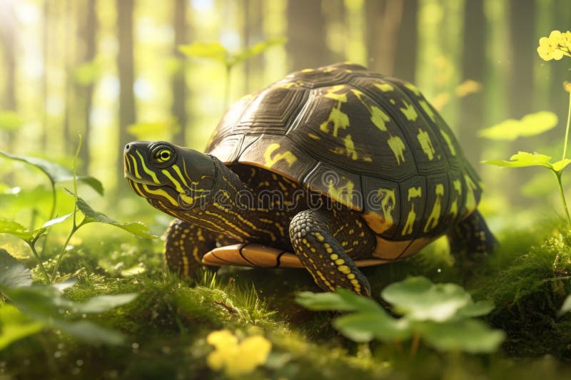A Vibrant Turtle Explores a Sunlit Forest, Surrounded by Lush Greenery ...