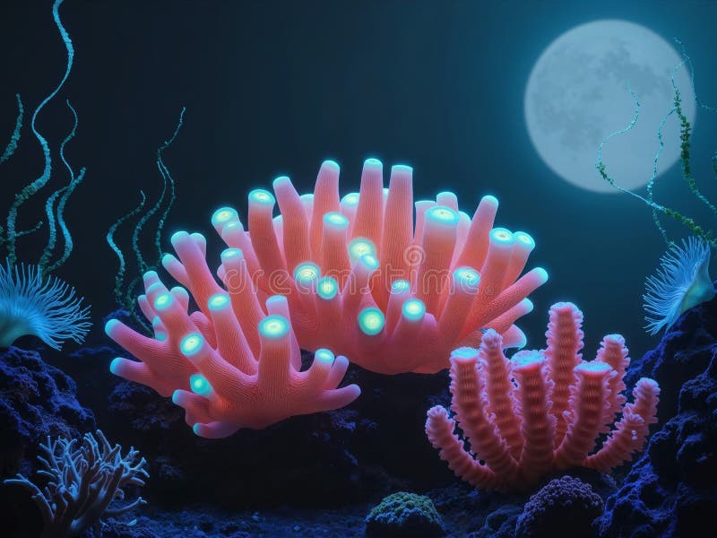 Vibrant Underwater Coral Polyps Glowing with Bioluminescence in Deep ...