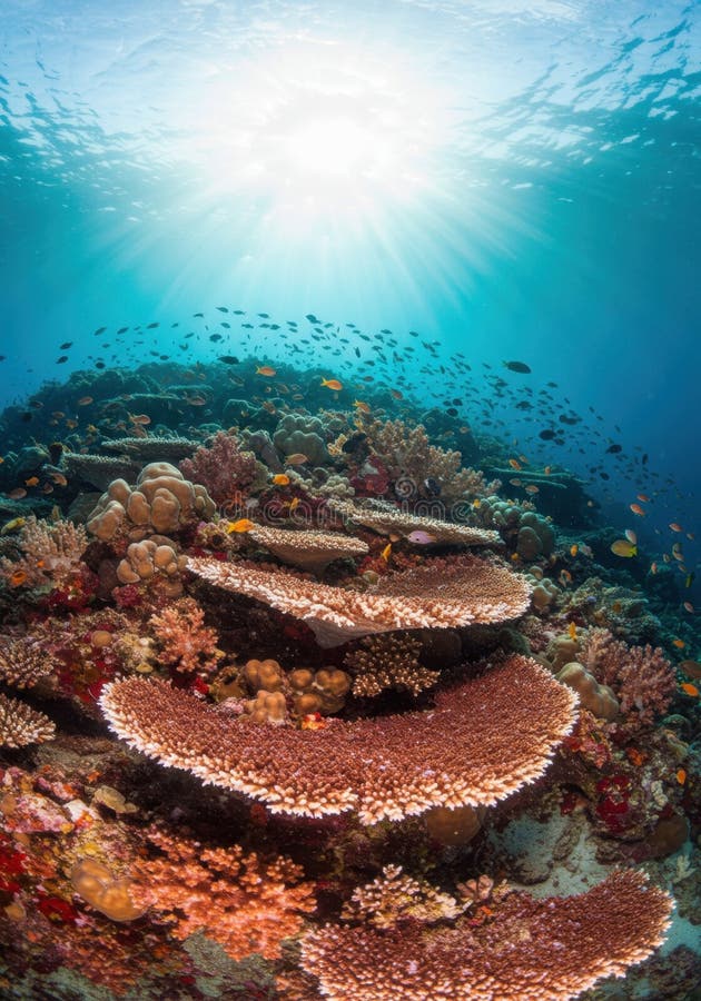 Vibrant Underwater Coral Reef with Sunlight and Fish Stock Image ...