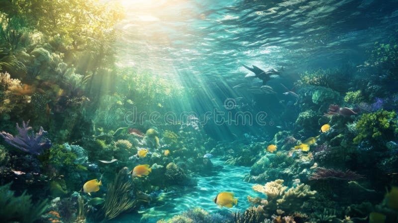 Vibrant Underwater Coral Reef with Sunlight and Tropical Fish Stock ...