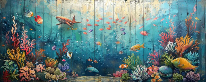Vibrant Underwater Mural on Wooden Wall - Marine Life Artistic Display ...