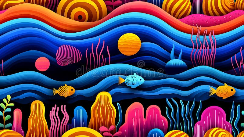 Vibrant Underwater Scene with Colorful Fish, Coral, and Abstract Waves ...