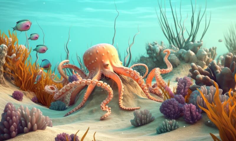 Vibrant Underwater Scene Featuring Beautiful Octopus and Colorful Coral ...