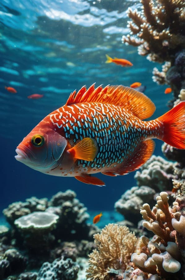 Vibrant Orange and Blue Reef Fish Swimming in Coral Reef Stock ...