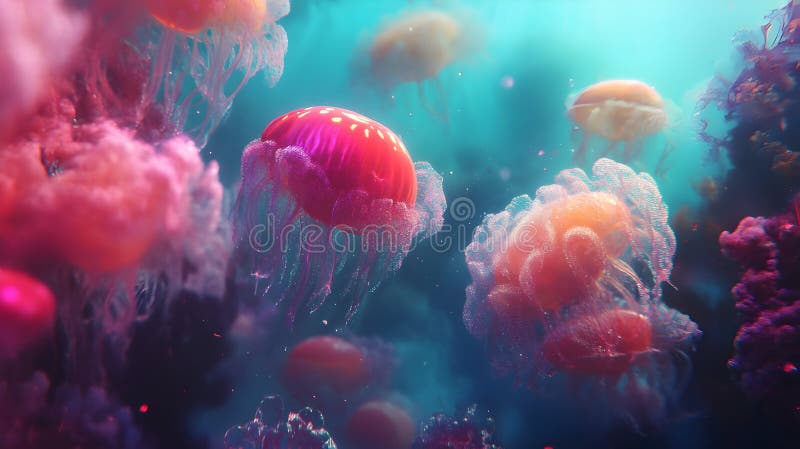 A Vibrant Underwater Scene Featuring Multiple Jellyfish Floating ...