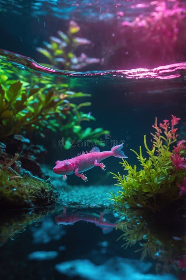Pink Axolotl in Vibrant Aquarium with Aquatic Plants Stock Illustration ...