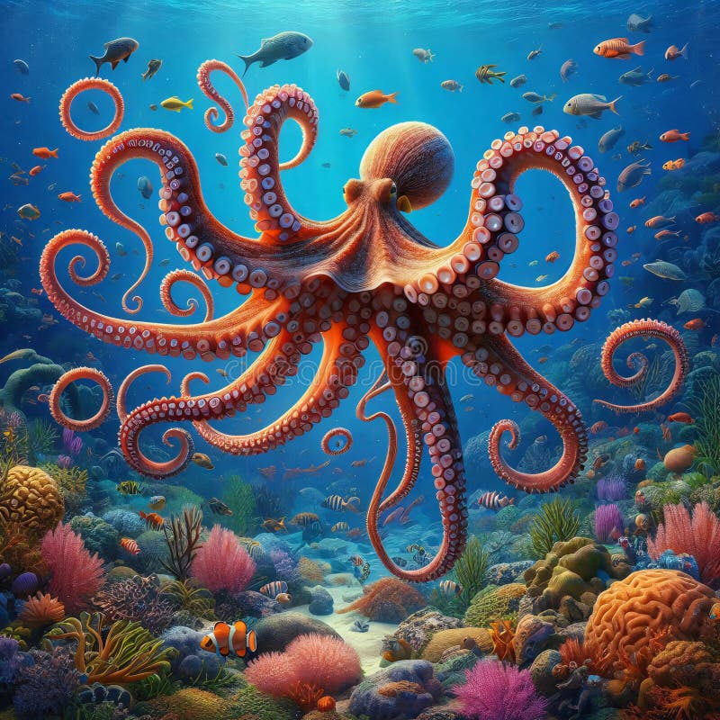 Vibrant Underwater Scene with a Large Octopus Surrounded by Fish and ...