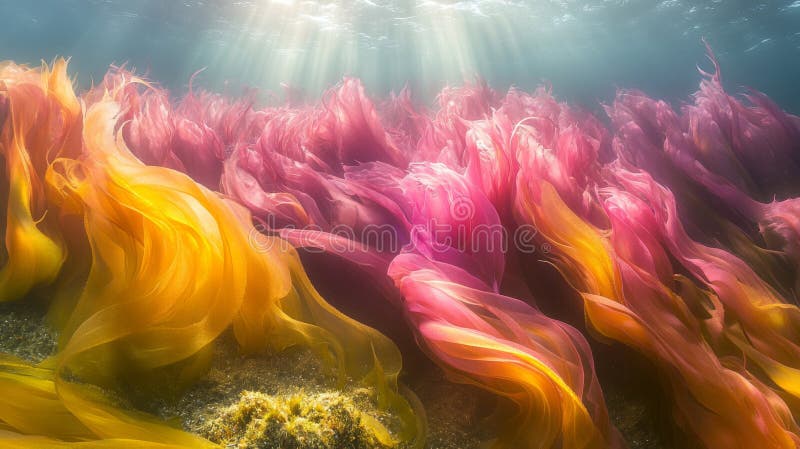 Vibrant Underwater Scene with Pink and Orange Seaweed Illuminated by ...
