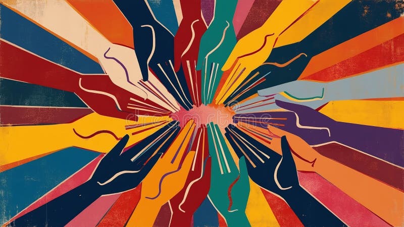 Vibrant Unity: Colorful Hands Reaching Towards Central Burst of Light ...