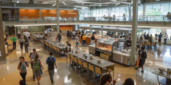 Vibrant University Cafeteria Featuring an Array of Diverse Food ...