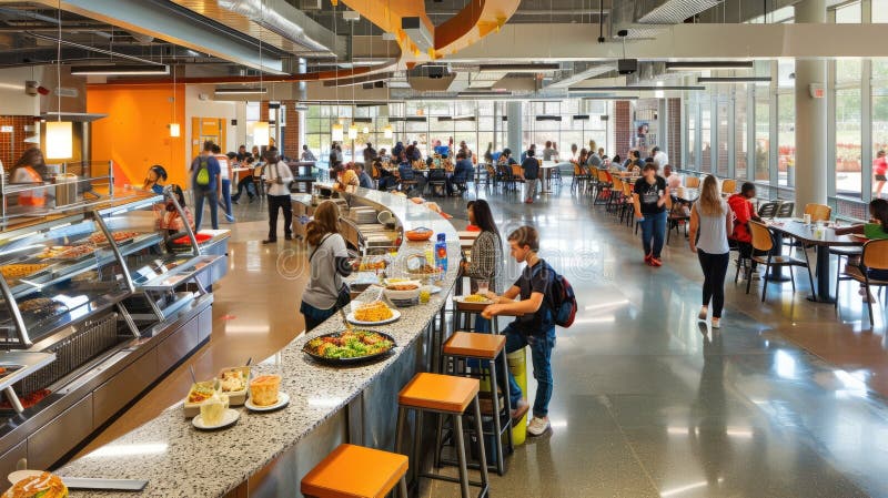 Vibrant University Cafeteria Featuring an Array of Diverse Food ...