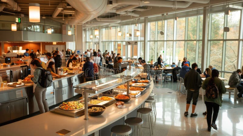 Vibrant University Cafeteria Featuring an Array of Diverse Food ...