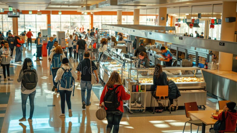 Vibrant University Cafeteria Featuring an Array of Diverse Food ...