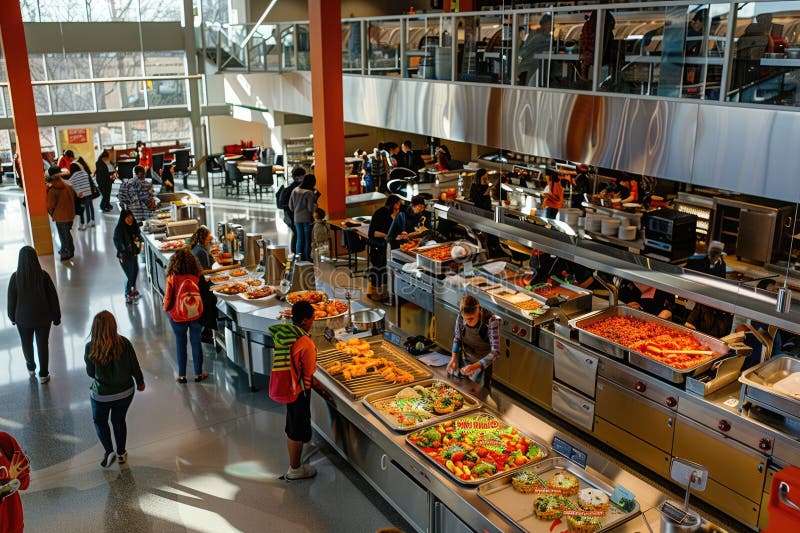 Vibrant University Cafeteria Featuring an Array of Diverse Food ...