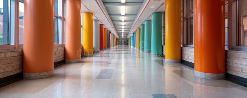Vibrant University Hallway with Colorful Columns, Creative ...