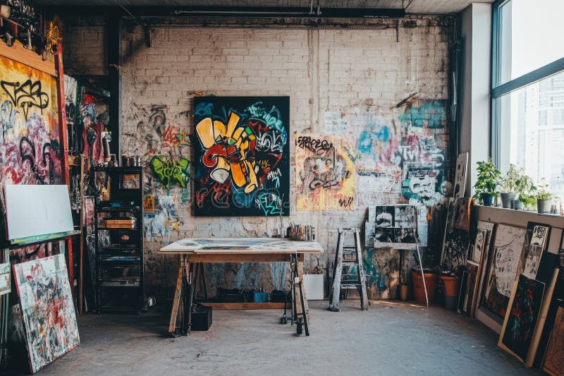 Vibrant Urban Art Studio with Colorful Graffiti and Paintings Stock Illustration - Illustration ...