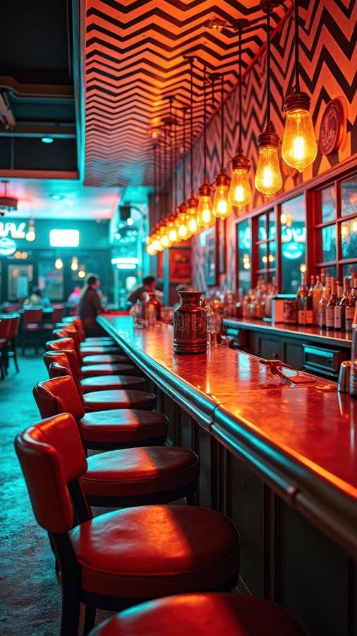 Vibrant Urban Bar Interior with Barstools and Warm Lighting Stock Image ...