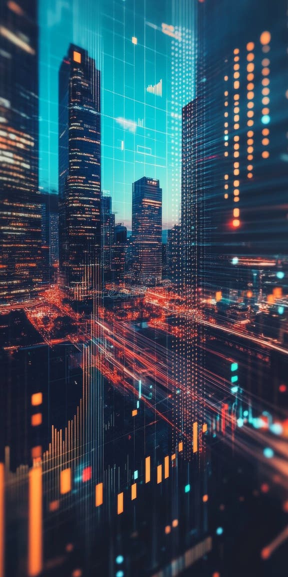 Vibrant Urban Cityscape at Night with Skyscrapers and Dynamic Data ...