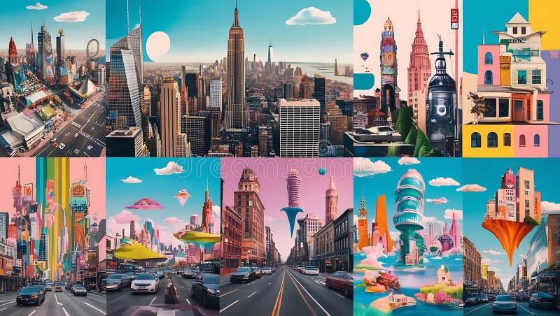 Vibrant Urban Collage Art a 4K Visual Journey Stock Illustration ...