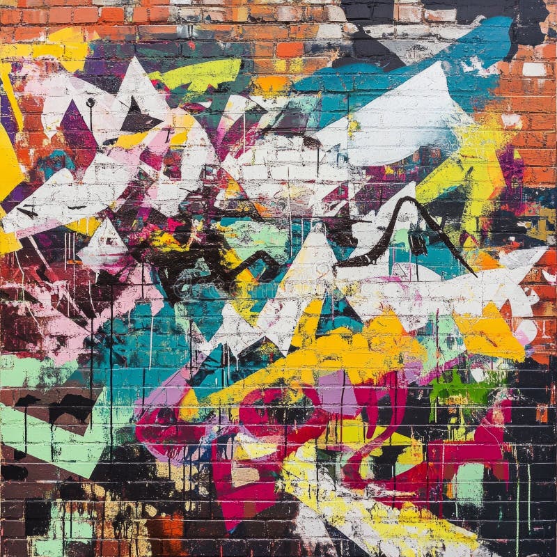 Vibrant Urban Graffiti Art on Brick Wall with Colorful Abstract Shapes and Dynamic Patterns ...