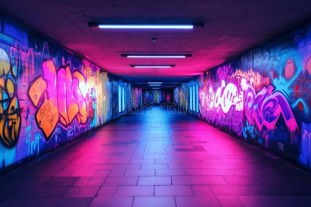 Vibrant Urban Graffiti in Illuminated Underground Tunnel Creates ...