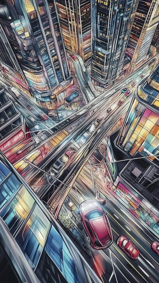 Vibrant Urban Intersection with Highlighted Traffic Flow Stock ...