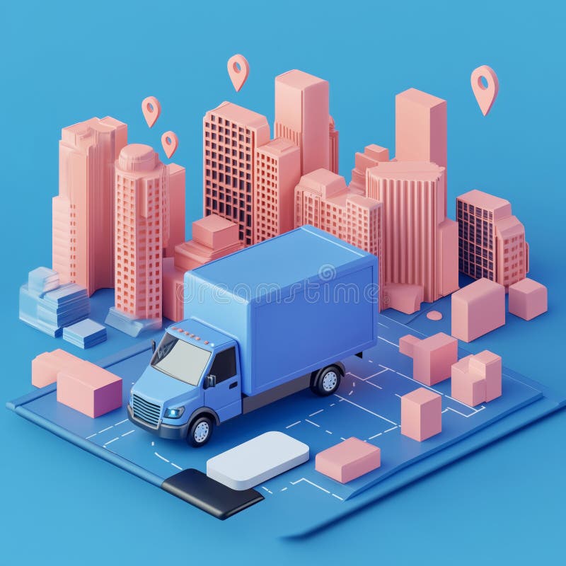 A Vibrant Urban Landscape Featuring a Delivery Van Navigating through a ...