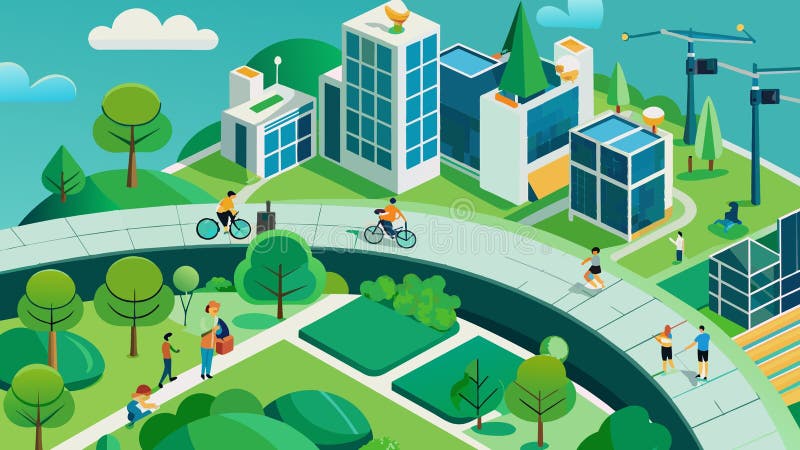 Vibrant Urban Park Scene with Active People and Modern Architecture ...