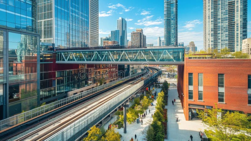 A Vibrant Urban Scene with an Elevated Train Track Curving between ...
