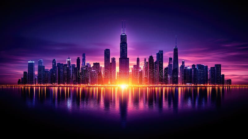 Vibrant Urban Skyline at Sunset with Reflective Water in a Cityscape ...