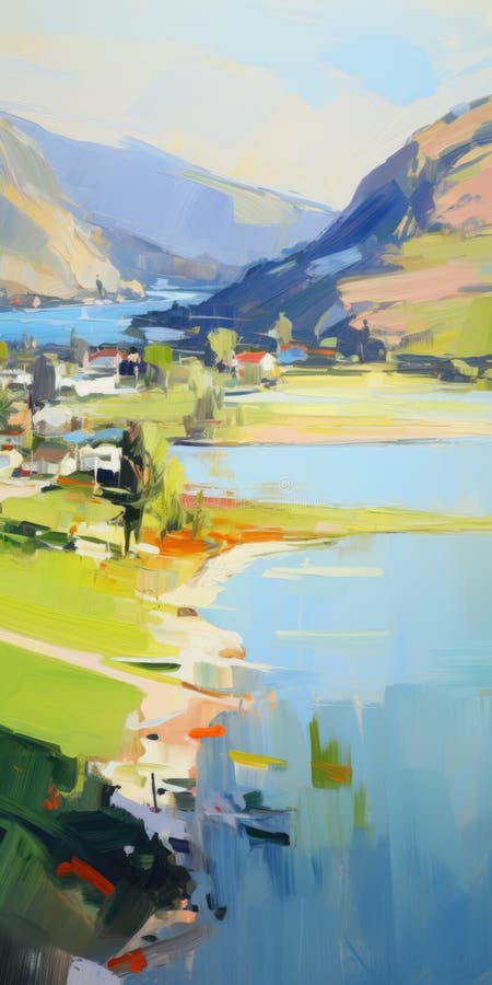 Vibrant Valley Painting with Blurred Imagery and Soft Lines Stock ...