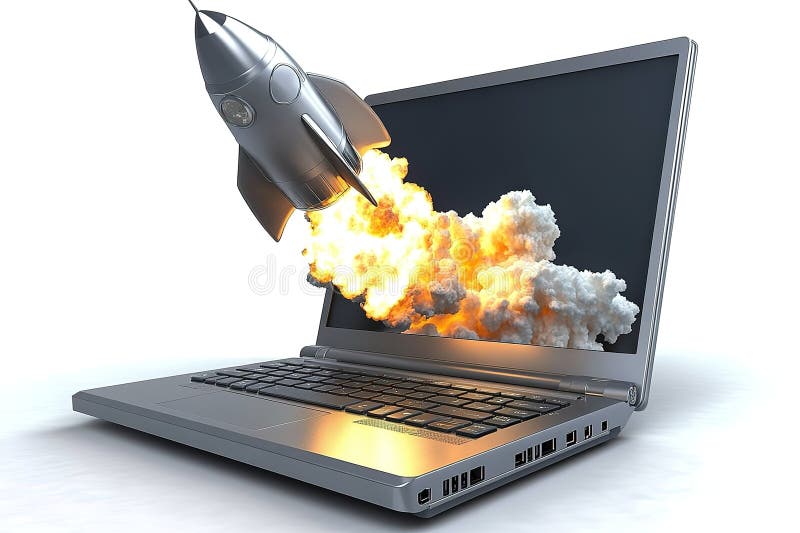 Laptop Rocket Launch: Digital Startup Success, Innovation, Fast Growth ...