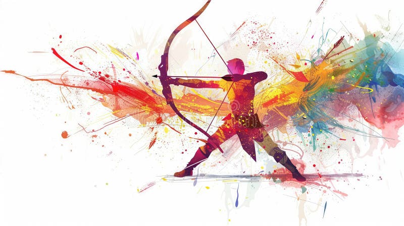 Archer Drawing Bow with Colorful Splash in Dynamic Action Stock ...
