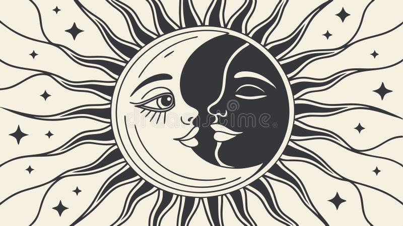Sun and Moon Faces with Rays Vector for Celestial Energy, Vector Design ...