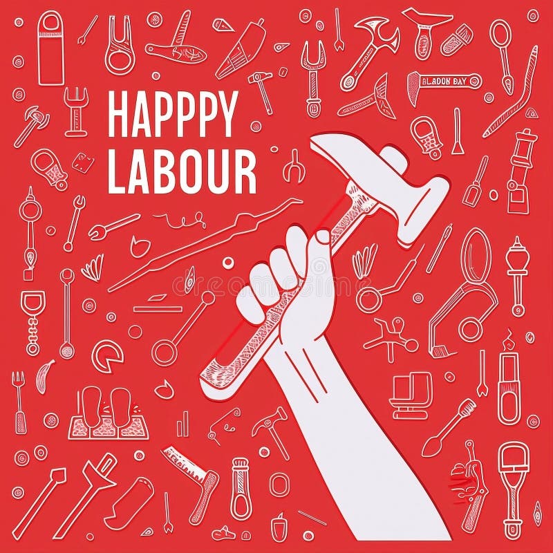 Labour Day Tribute Hand Holding Hammer with Tools on Red Background ...
