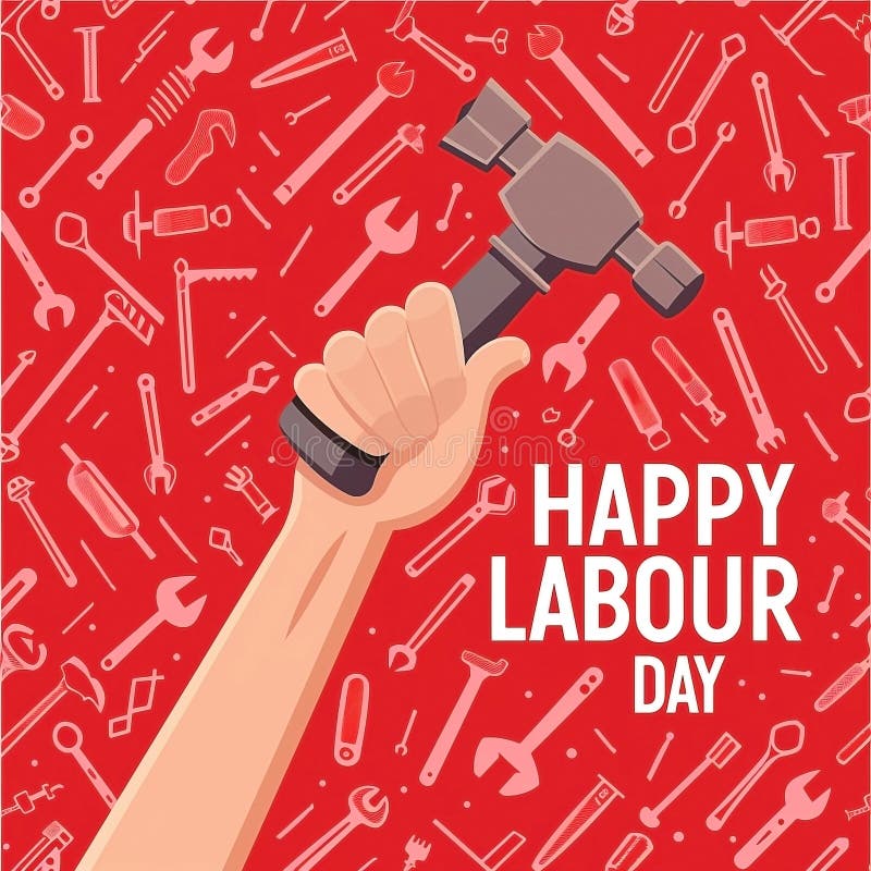 Labour Day Tribute Hand Holding Hammer with Tools on Red Background ...
